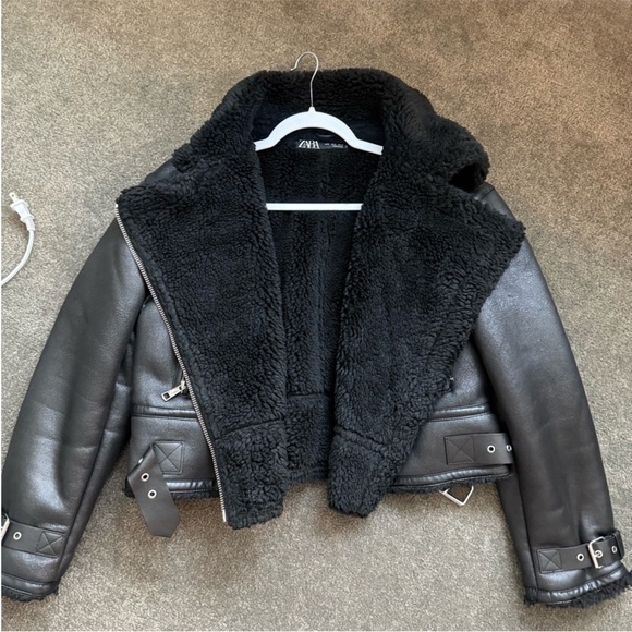 Zara | Jackets & Coats | Zara Black Leather Shearling Jacket | Poshmark